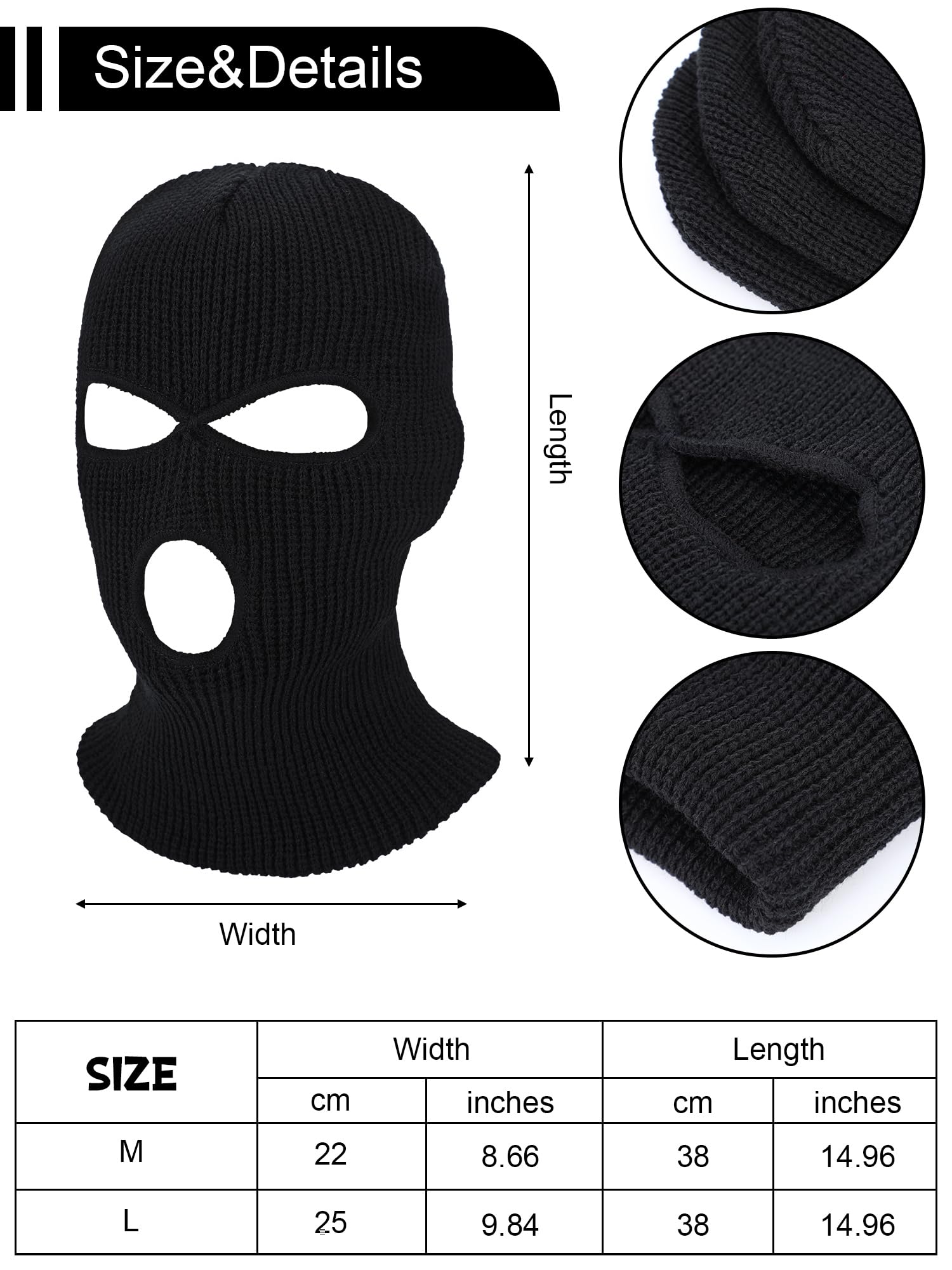 WILLBOND 2 Pieces Knitted Full Face Cover 3 Hole Mask Winter Balaclava Face cover, One Size(Black, Medium)