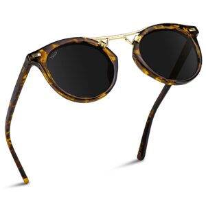 wearme pro polarized round retro double-bridge vintage women's sunglasses (tortoise/black lens)