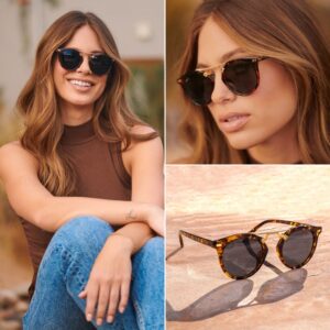 WearMe Pro Polarized Round Retro Double-Bridge Vintage Women's Sunglasses (Tortoise/Black Lens)