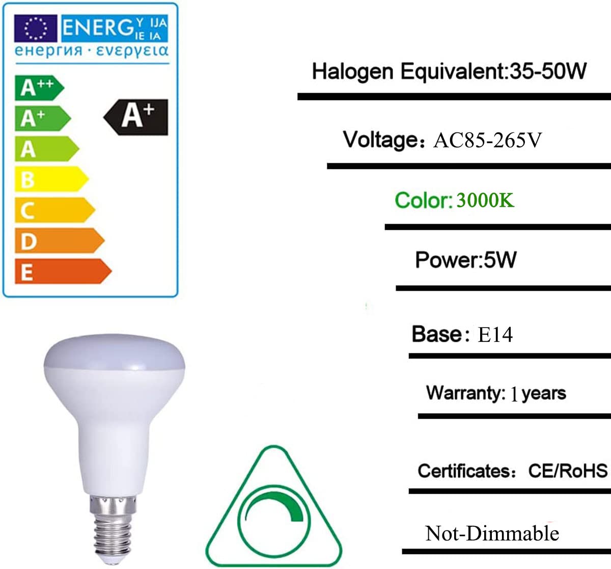 Edearkar R50 LED Light Bulbs 5W (45W Incandescent Bulb) 3000K R50 Long Neck LED Bulbs Reflector E14 Base 120 Degree Beam Angle Wide Flood Light for Home, School, Store, Pack of 4