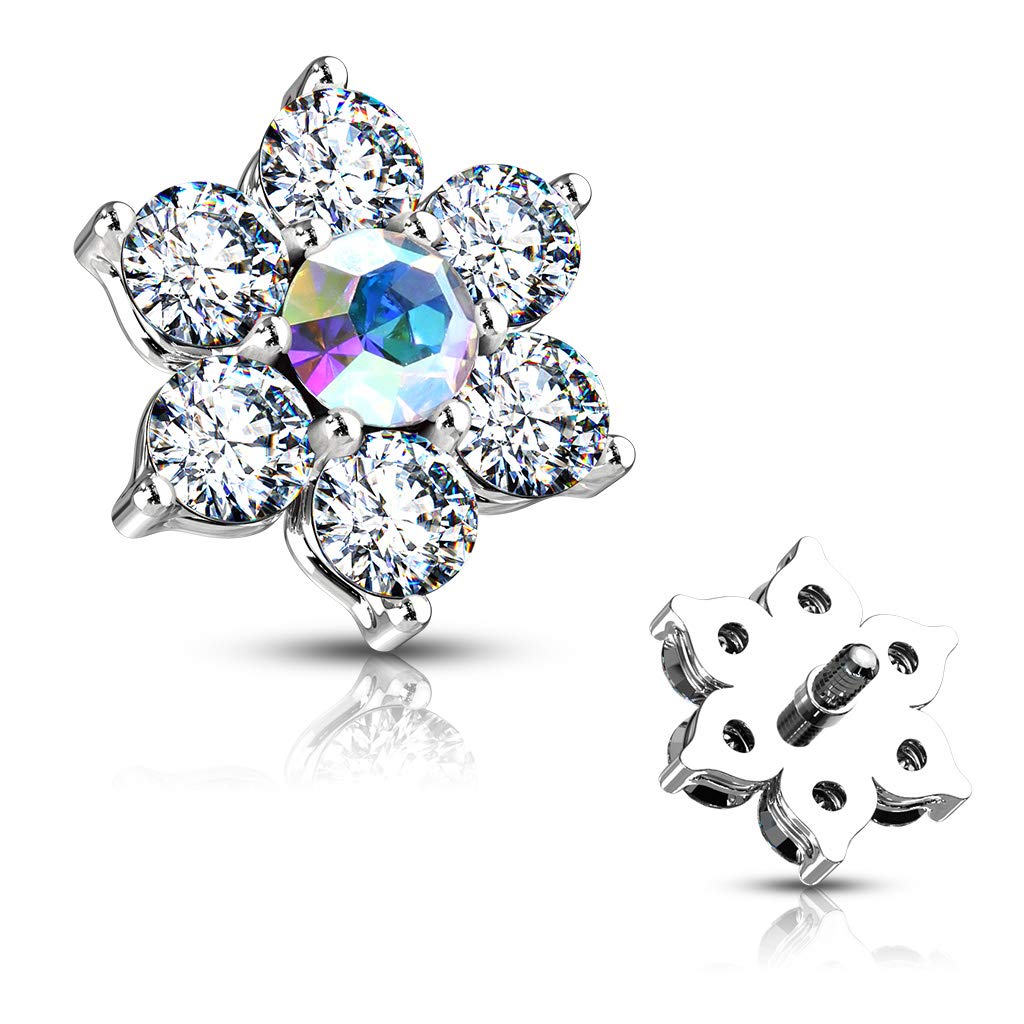 7 CZ Flower Internally Threaded Dermal Tops (Aurora Borealis)