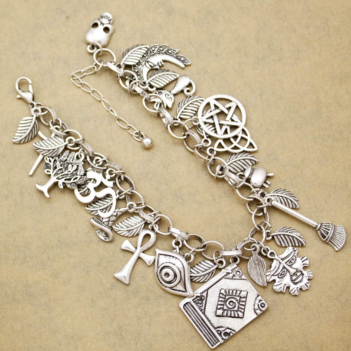 RechicGu Vintage Silver Mythology Fairytale Lucky Charms Cuff Bangle Bracelet Cross Leaf Moon Face Celtic Cat