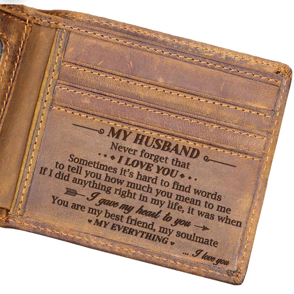 Fathers Day Birthday Gifts for Men, To My Husband Gifts, Anniversary Wedding Gifts for Husband from Wife, Leather Mens Wallet, Gifts for Him, Romantic Gifts for Husband, RFID Bifold Wallet for Men