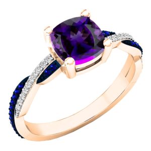 dazzlingrock collection 14k 6 mm cushion amethyst, round blue sapphire & diamond engagement ring, rose gold, size 5.5