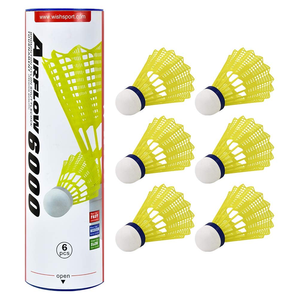 Wish Airflow 6000 Badminton Tournament Shuttlecocks – 6 Pack Tube of Durable Nylon Shuttlecocks with Cork Tips – Badminton Birdies for Indoor and Outdoor Play, Yellow