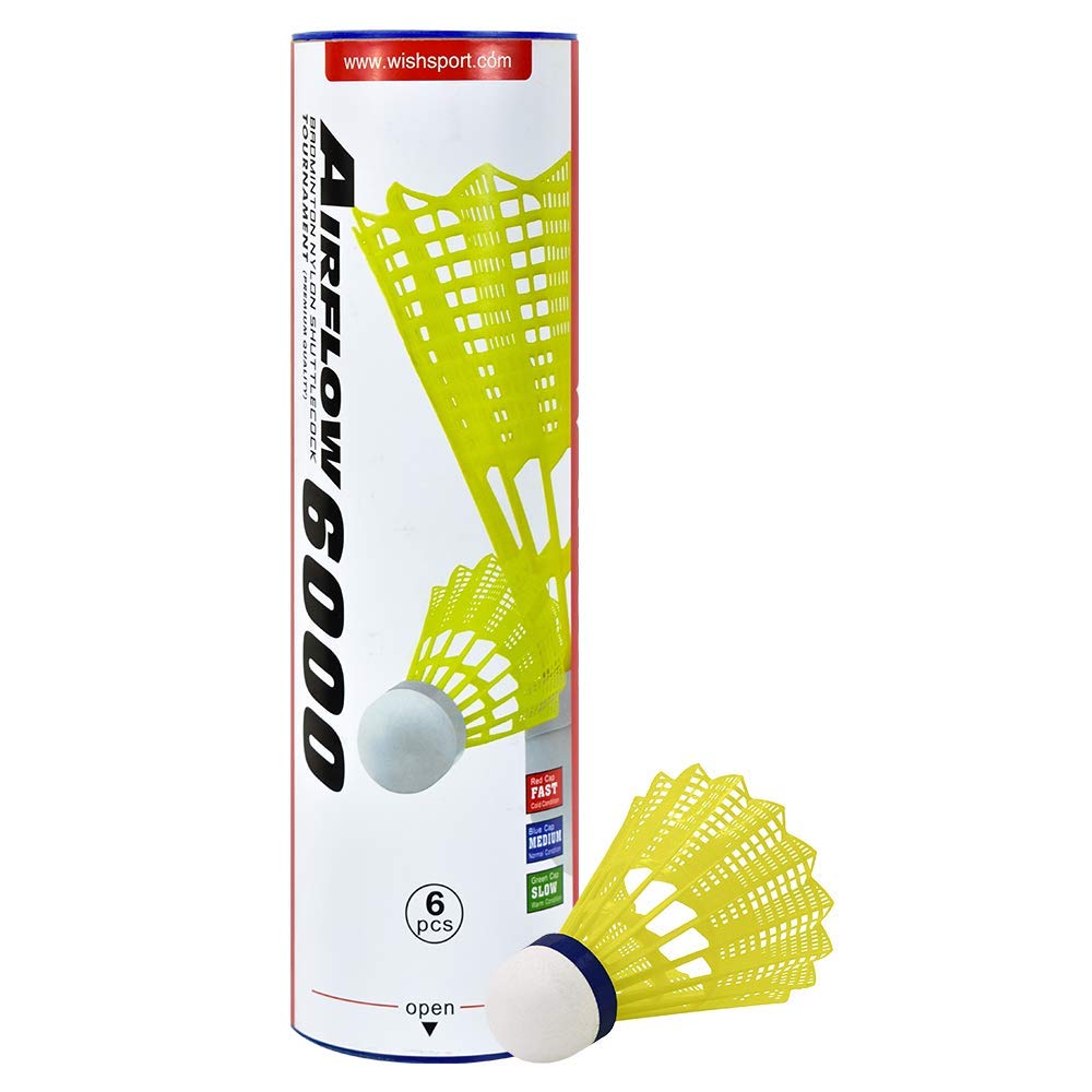 Wish Airflow 6000 Badminton Tournament Shuttlecocks – 6 Pack Tube of Durable Nylon Shuttlecocks with Cork Tips – Badminton Birdies for Indoor and Outdoor Play, Yellow