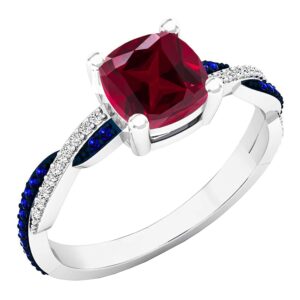 dazzlingrock collection 6 mm cushion lab created ruby with round blue sapphire & diamond women engagement ring | 10k white gold, size 6.5