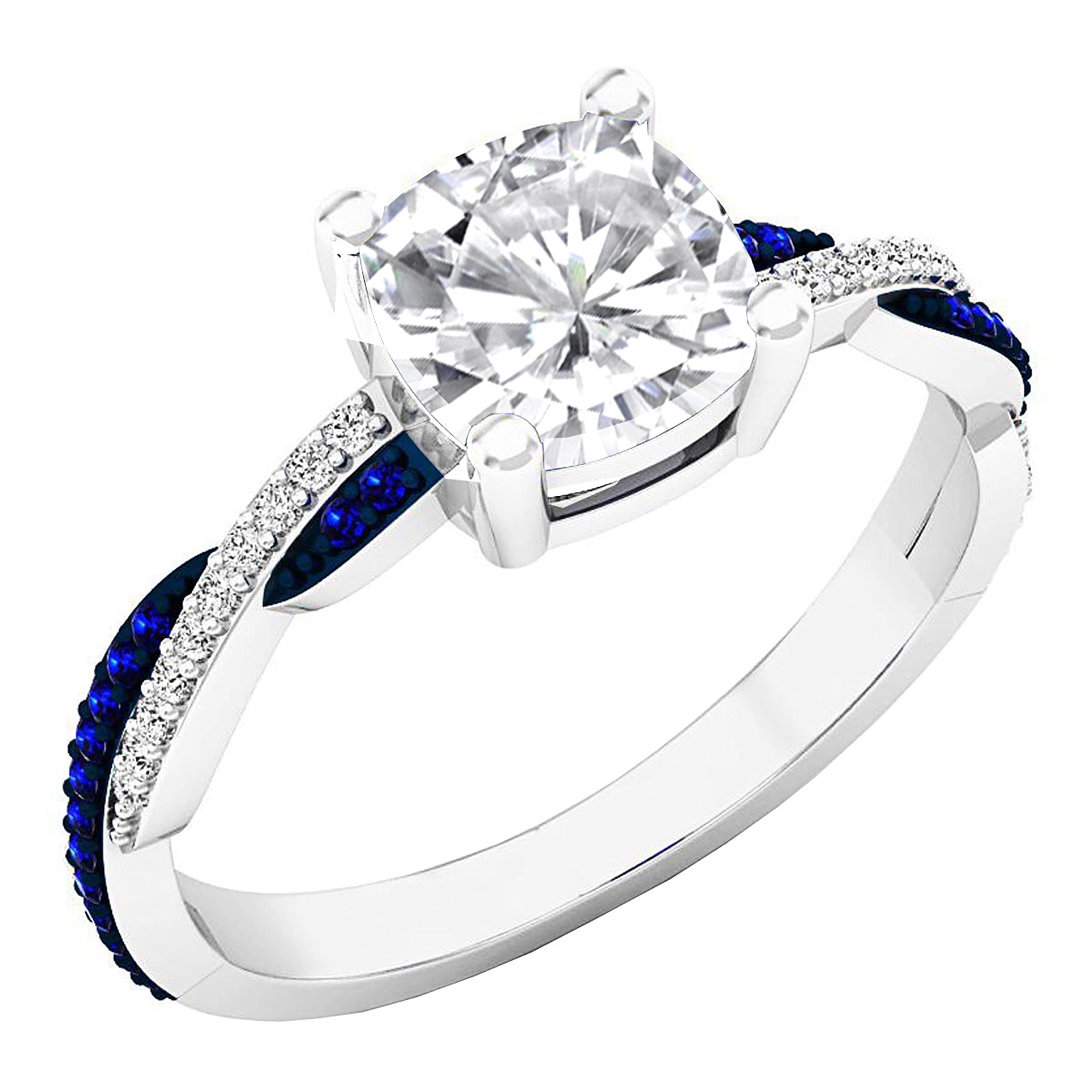 Dazzlingrock Collection 6 MM Cushion Lab Created White Sapphire with Round Blue Sapphire & Diamond Women Engagement Ring | 14K White Gold, Size 6