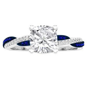 Dazzlingrock Collection 6 MM Cushion Lab Created White Sapphire with Round Blue Sapphire & Diamond Women Engagement Ring | 14K White Gold, Size 6