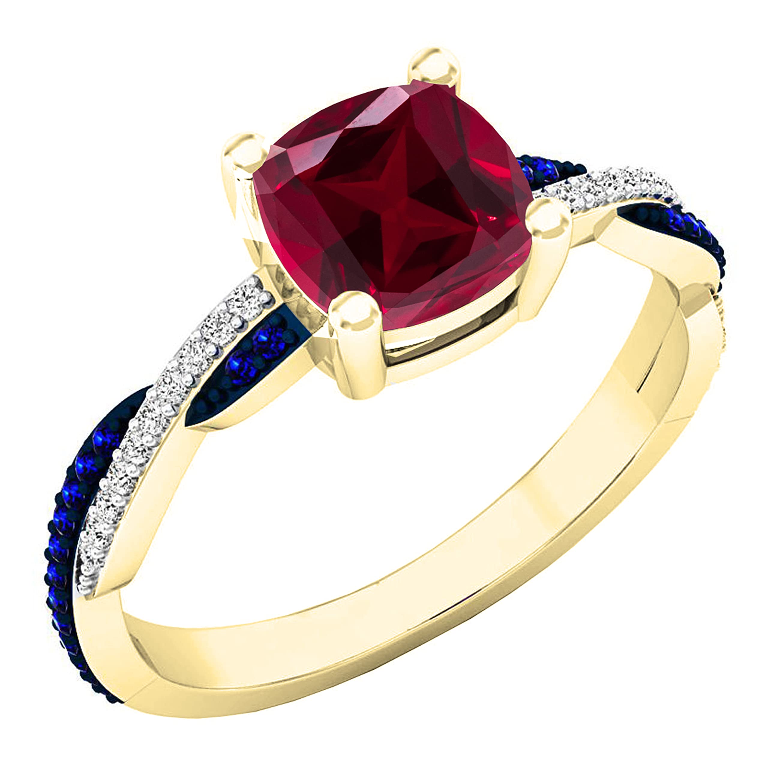 Dazzlingrock Collection 6 MM Cushion Lab Created Ruby with Round Blue Sapphire & Diamond Women Engagement Ring | 10K Yellow Gold, Size 9.5