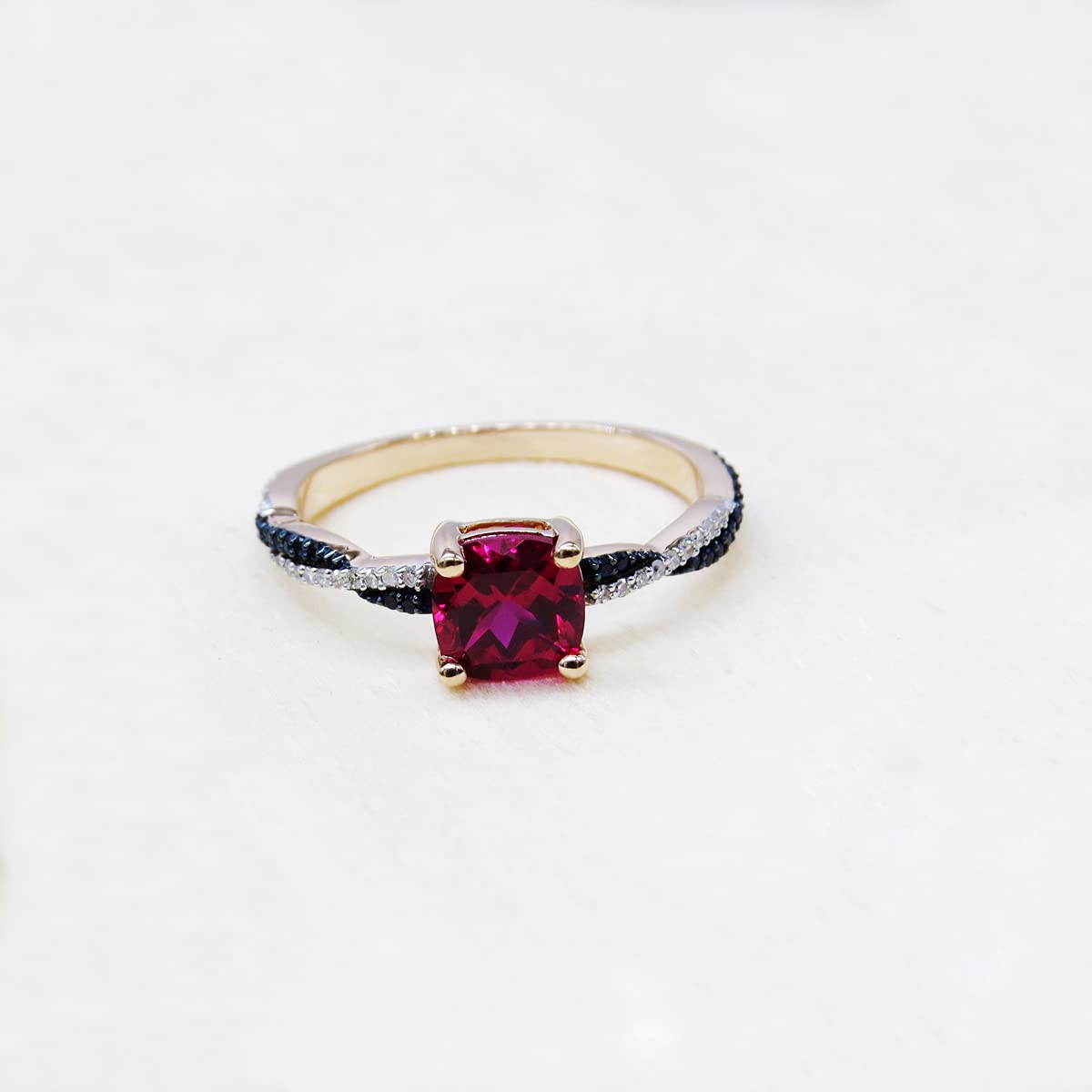 Dazzlingrock Collection 6 MM Cushion Lab Created Ruby with Round Blue Sapphire & Diamond Women Engagement Ring | 10K Yellow Gold, Size 9.5