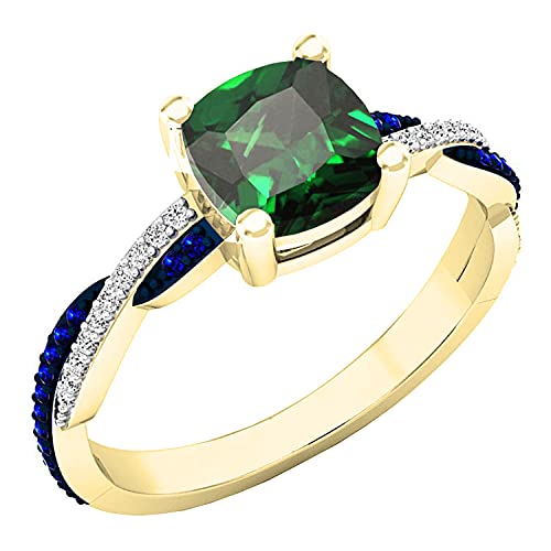 Dazzlingrock Collection 6 MM Cushion Lab Created Emerald with Round Blue Sapphire & Diamond Women Engagement Ring | 14K Yellow Gold, Size 8.5