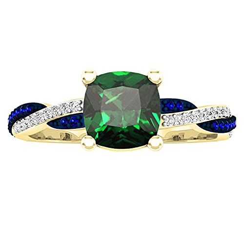 Dazzlingrock Collection 6 MM Cushion Lab Created Emerald with Round Blue Sapphire & Diamond Women Engagement Ring | 14K Yellow Gold, Size 8.5