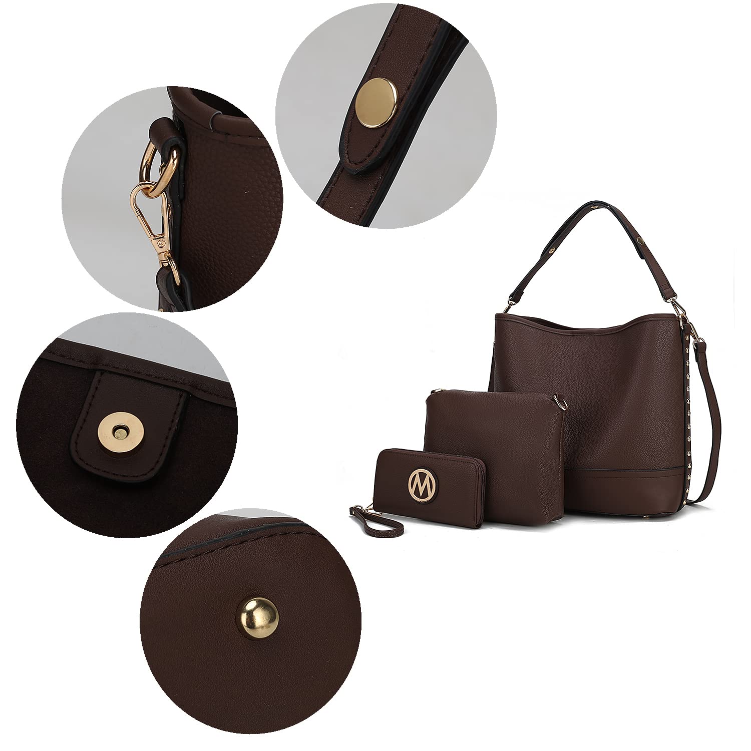 MKF 3-PC Set, Hobo bag, messenger Crossbody for Women - Removable Adjustable Strap - Vegan Leather Wristlet Purse