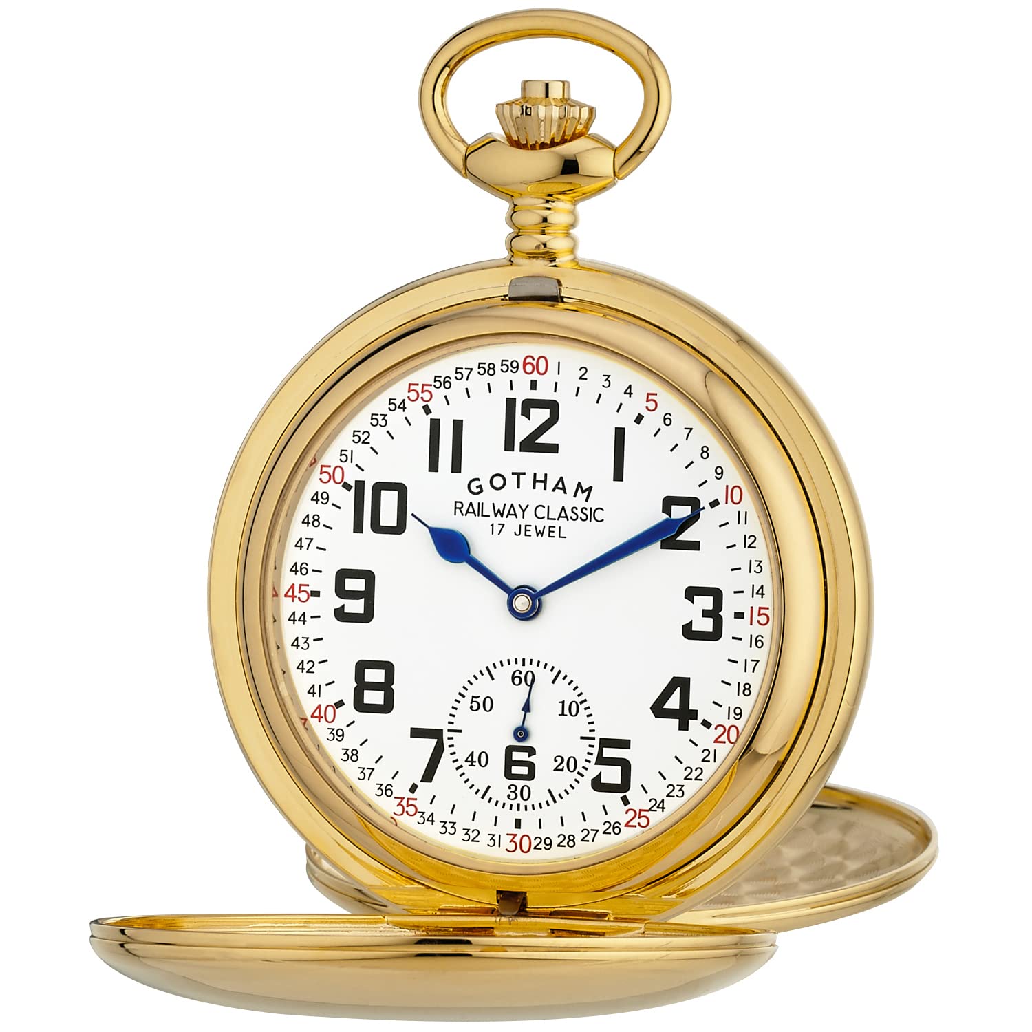 Gotham Men's Gold-Tone Railroad Dial Double Hunter 17 Jewel Mechanical Pocket Watch # GWC18806G