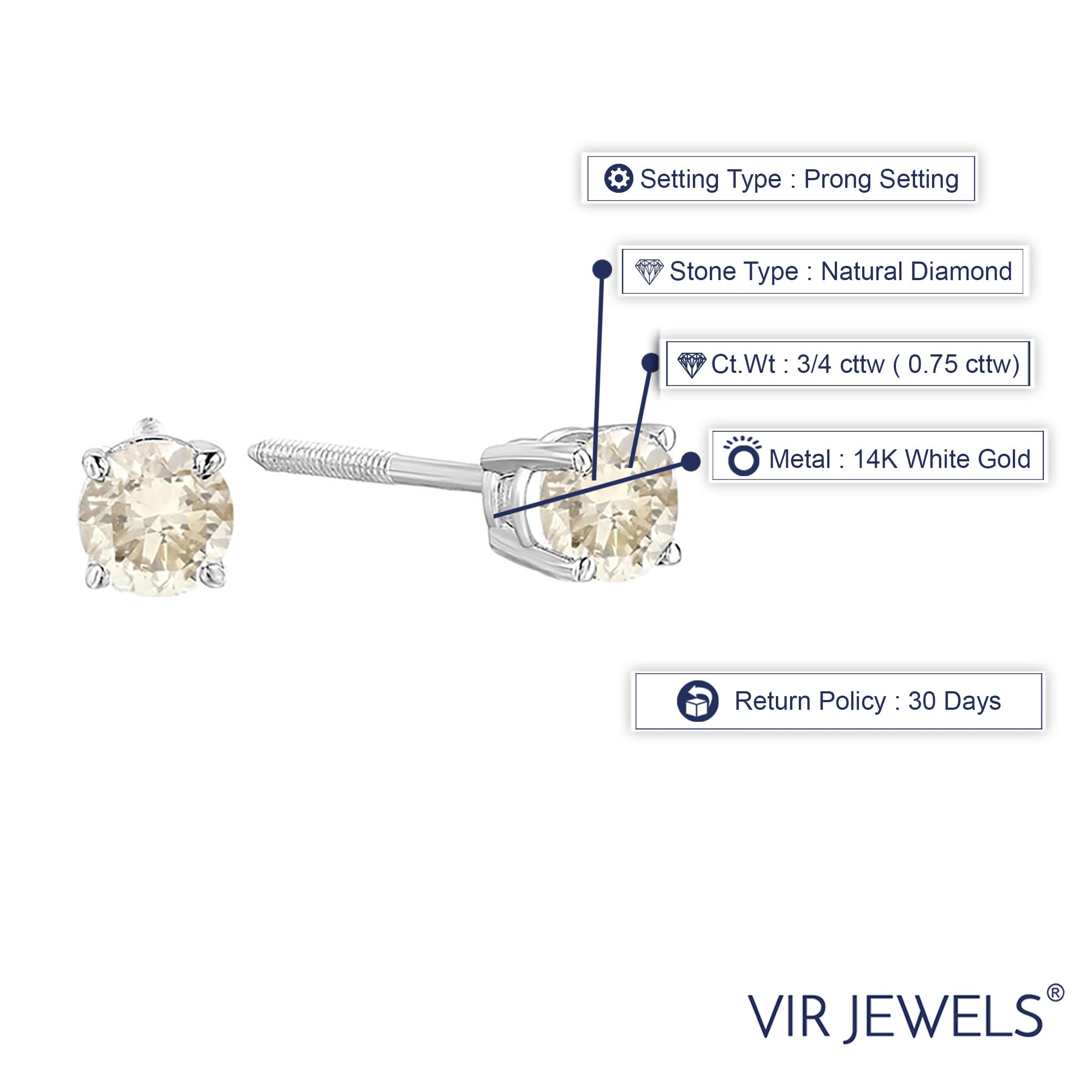 Vir Jewels 3/4 cttw Champagne Diamond Stud Earrings 14K White Gold Round Screw Backs