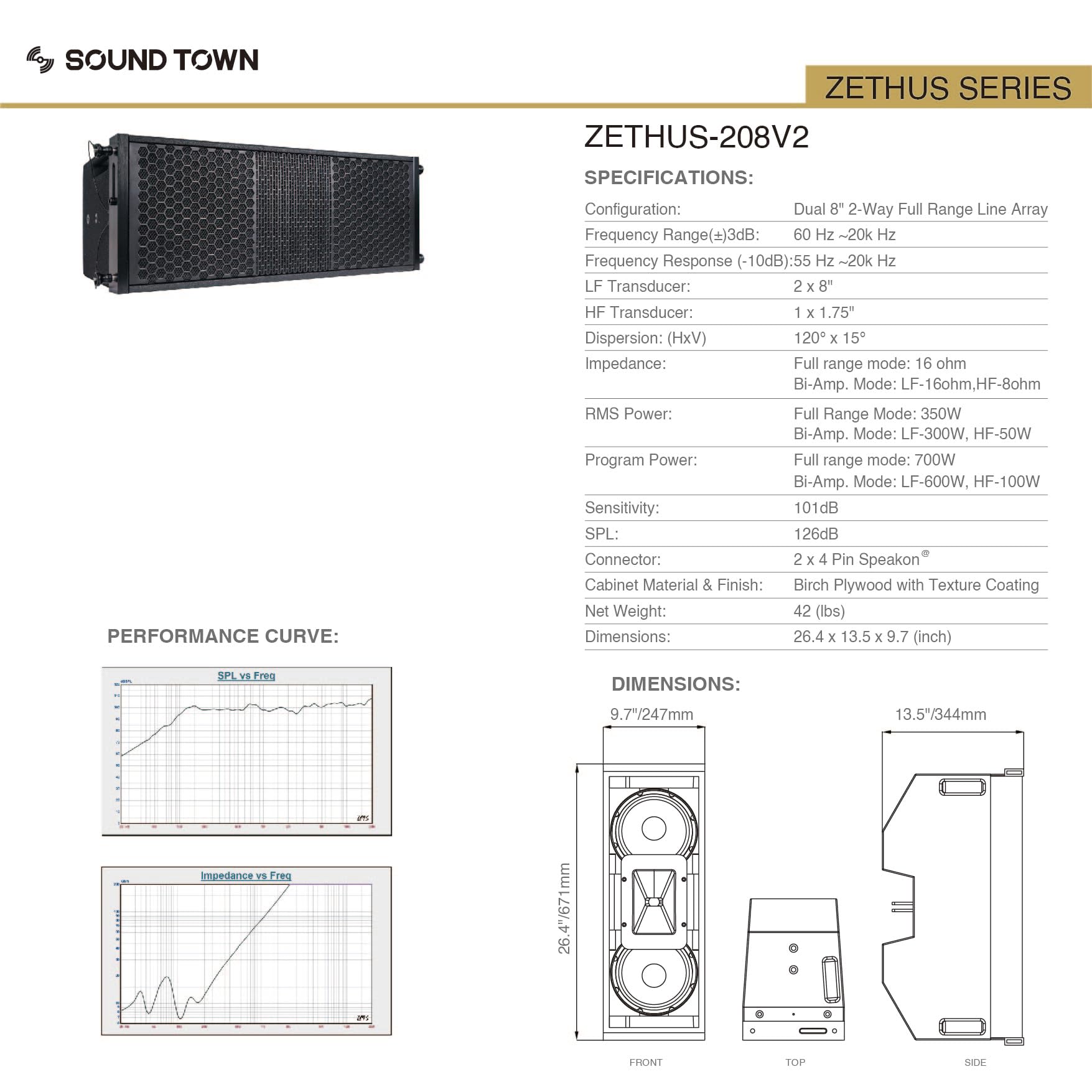 Sound Town ZETHUS Series 2 x 8” Line Array Loudspeaker, with Titanium Compression Driver, Plywood Construction, Full Range/Bi-amp Switchable, Black (ZETHUS-208BV2)