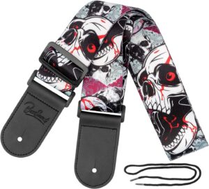 skull guitar strap & leather ends guitar shoulder strap for bass, electric, acoustic guitars