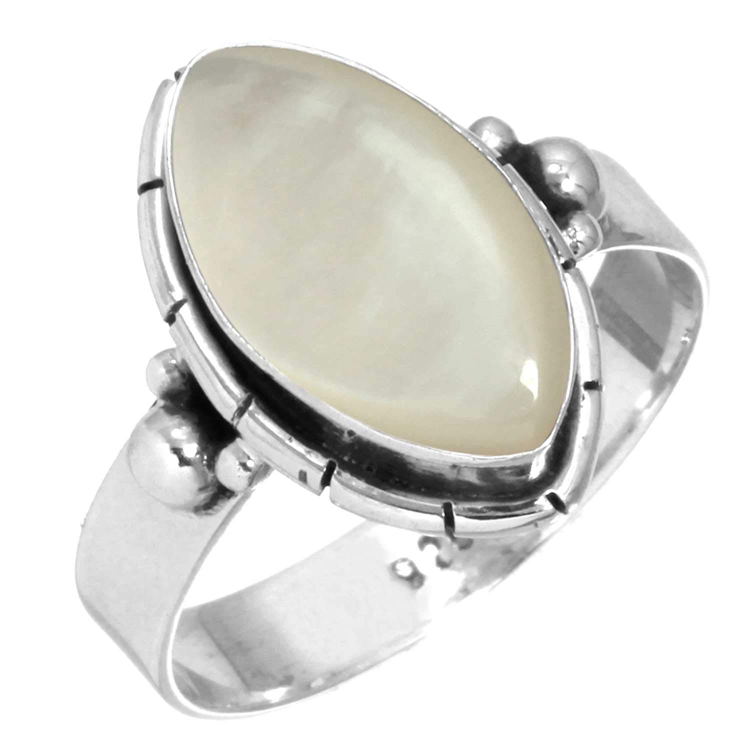 JEWELOPORIUM White Mother Of Pearl Natural 925 Sterling Silver Ring for Women Gemstone Cocktail Silver Ring Size 5.5 Friendship Day Gift Victorian Jewelry