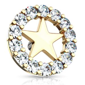 covet jewelry cz paved circle outlined star center internal threaded dermal anchor tops (gold)