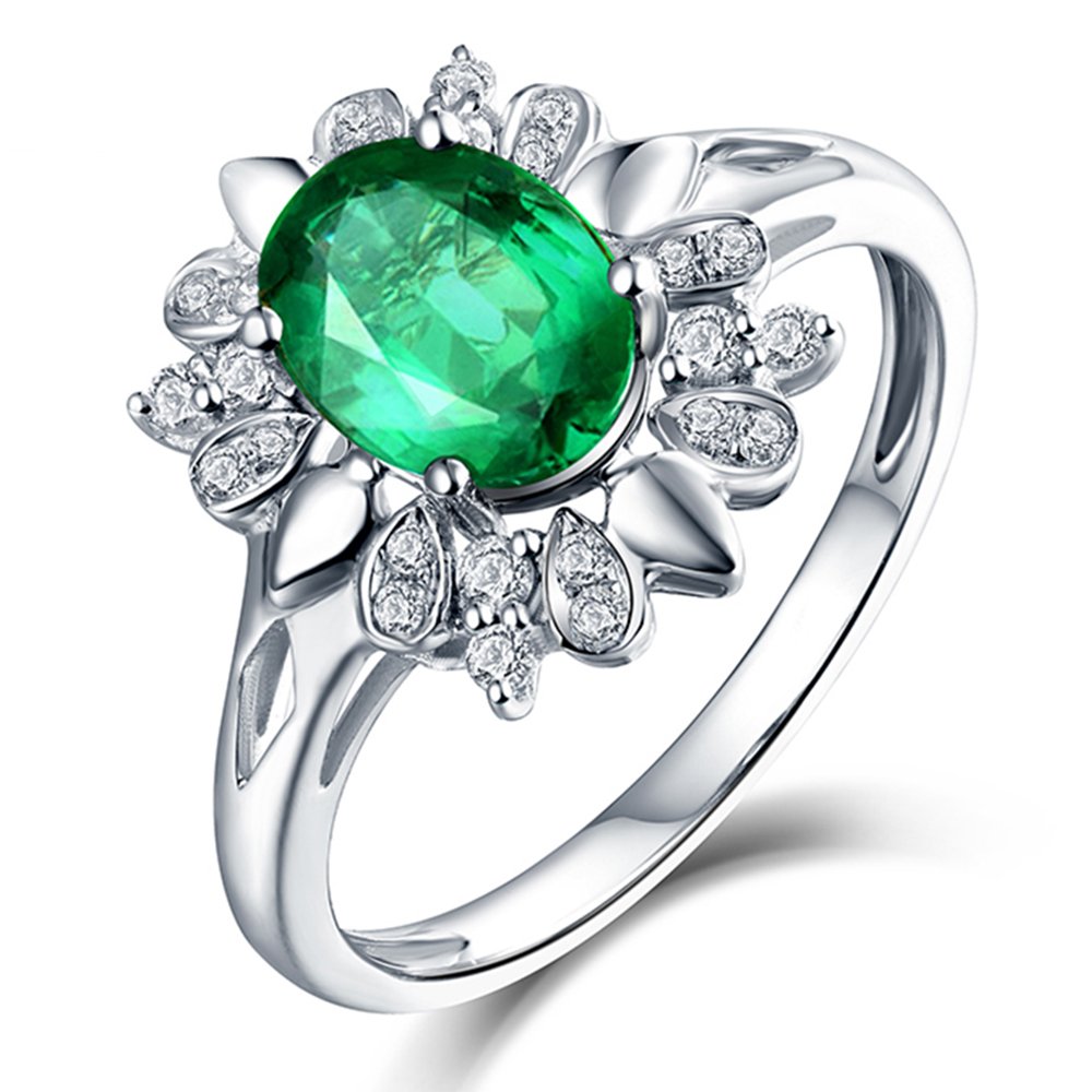 Lanmi 14K White Gold Natural Green Emerald Rings Diamond Engagement Wedding for Women Promotion