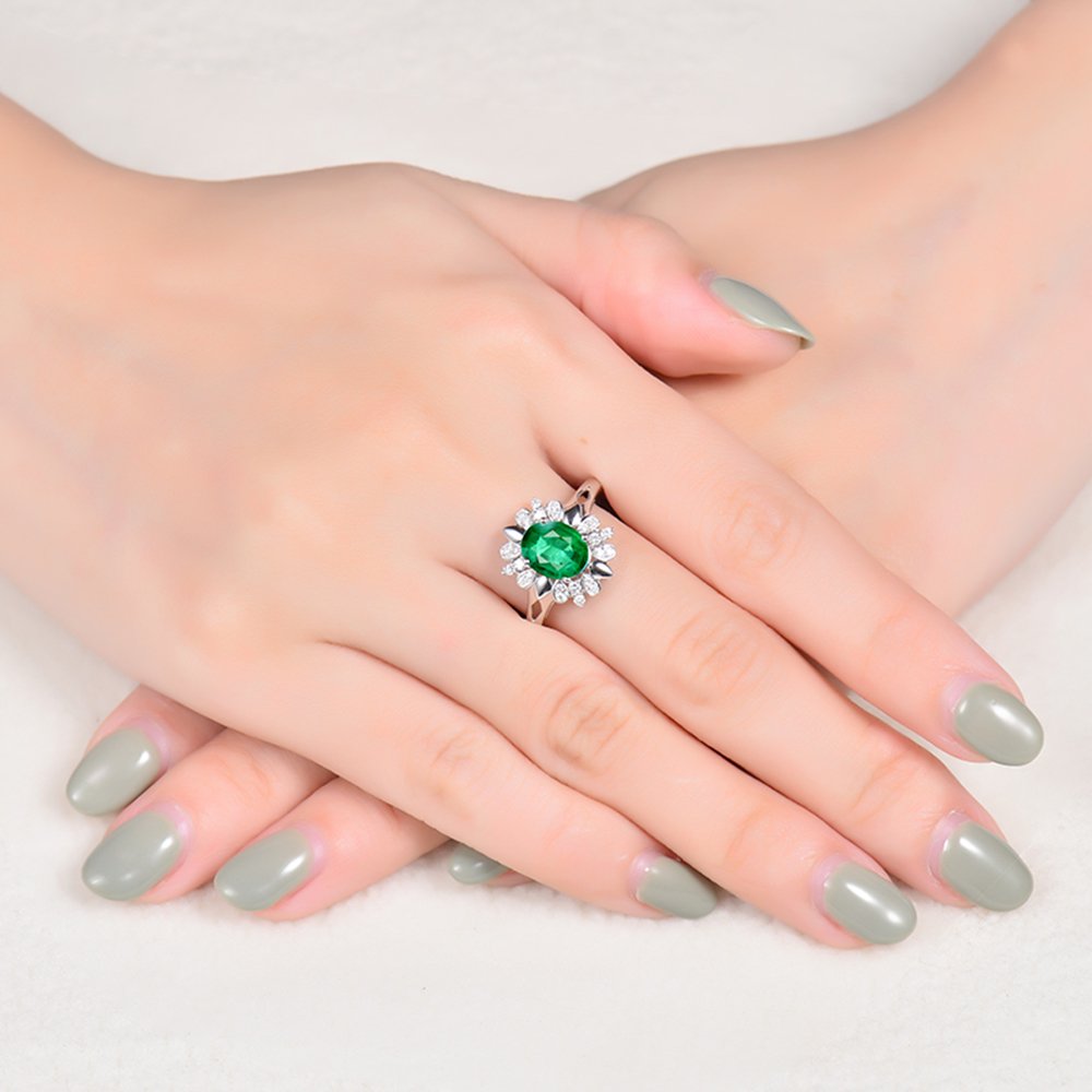 Lanmi 14K White Gold Natural Green Emerald Rings Diamond Engagement Wedding for Women Promotion