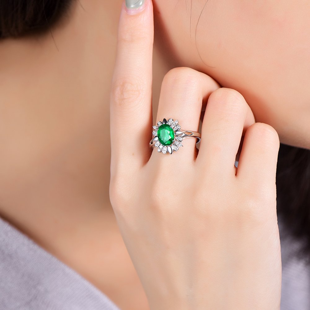 Lanmi 14K White Gold Natural Green Emerald Rings Diamond Engagement Wedding for Women Promotion