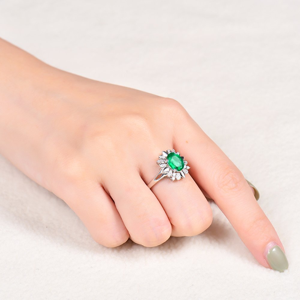 Lanmi 14K White Gold Natural Green Emerald Rings Diamond Engagement Wedding for Women Promotion