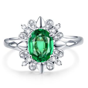 Lanmi 14K White Gold Natural Green Emerald Rings Diamond Engagement Wedding for Women Promotion