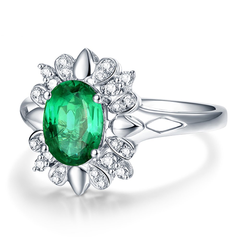 Lanmi 14K White Gold Natural Green Emerald Rings Diamond Engagement Wedding for Women Promotion