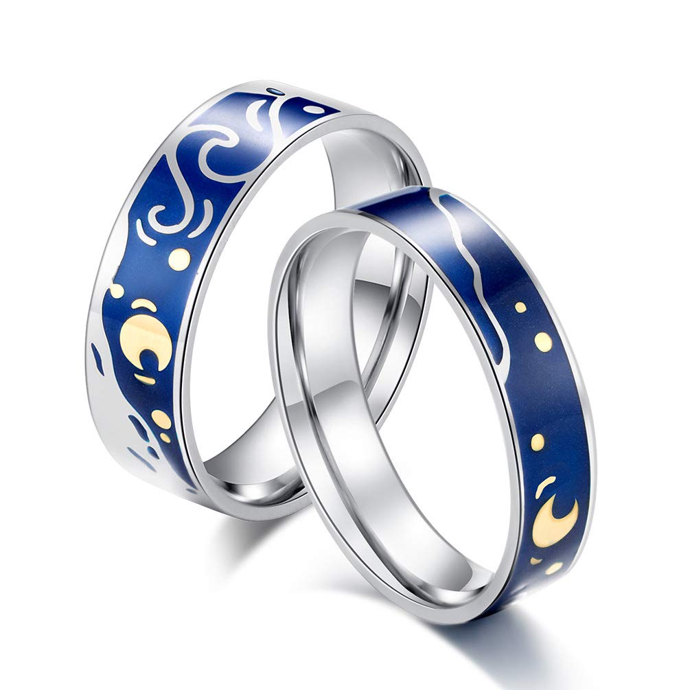 PAURO Couples Women's Stainless Steel Van Gogh's Sky Ring Romantic Promise Band Size 9