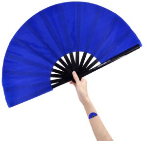 amajiji large folding hand rave fan for women/men, chinease/japanese bamboo and nylon-cloth folding hand fan for performance, festival, events, gift, craft, dance, decorations (blue)