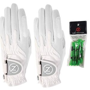 Zero Friction Ladies Compression-Fit Synthetic Golf Glove (2 Pack with Free Pack of tees), Universal Fit One Size, White/White