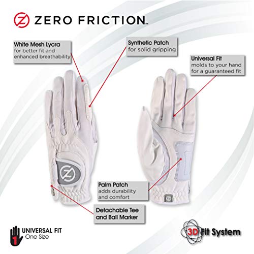 Zero Friction Ladies Compression-Fit Synthetic Golf Glove (2 Pack with Free Pack of tees), Universal Fit One Size, White/White