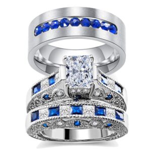 loversring 3pc two rings his and hers couple rings bridal sets his hers women white gold plated blue sapphire cz man titanium wedding ring band set