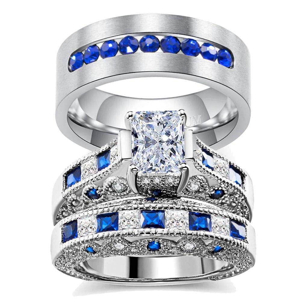 LOVERSRING 3pc Two Rings His and Hers Couple Rings Bridal Sets His Hers Women White Gold Plated Blue Sapphire Cz Man Titanium Wedding Ring Band Set