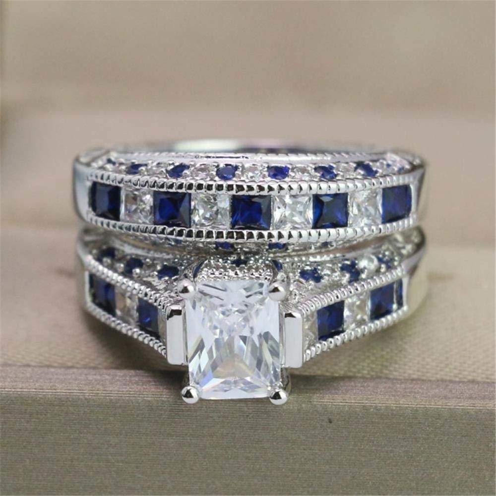 LOVERSRING 3pc Two Rings His and Hers Couple Rings Bridal Sets His Hers Women White Gold Plated Blue Sapphire Cz Man Titanium Wedding Ring Band Set