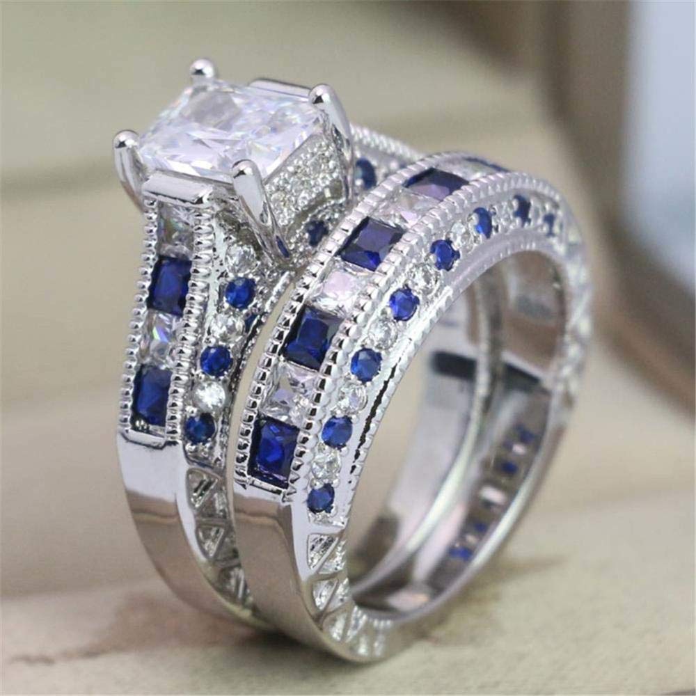 LOVERSRING 3pc Two Rings His and Hers Couple Rings Bridal Sets His Hers Women White Gold Plated Blue Sapphire Cz Man Titanium Wedding Ring Band Set