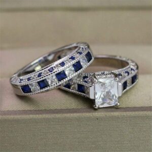 LOVERSRING 3pc Two Rings His and Hers Couple Rings Bridal Sets His Hers Women White Gold Plated Blue Sapphire Cz Man Titanium Wedding Ring Band Set