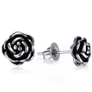 retro vintage stainless steel rose flower cocktail party stud earrings (silver black)