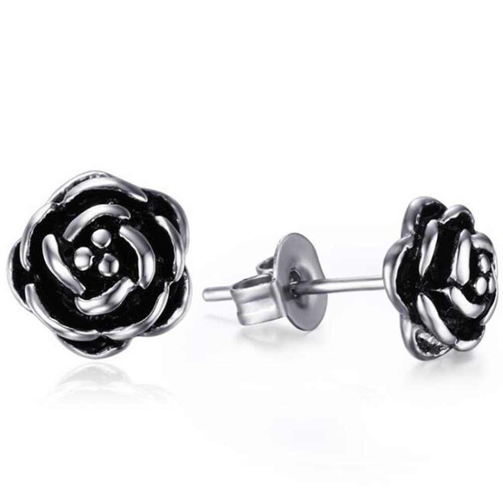 Retro Vintage Stainless Steel Rose Flower Cocktail Party Stud Earrings (Silver Black)