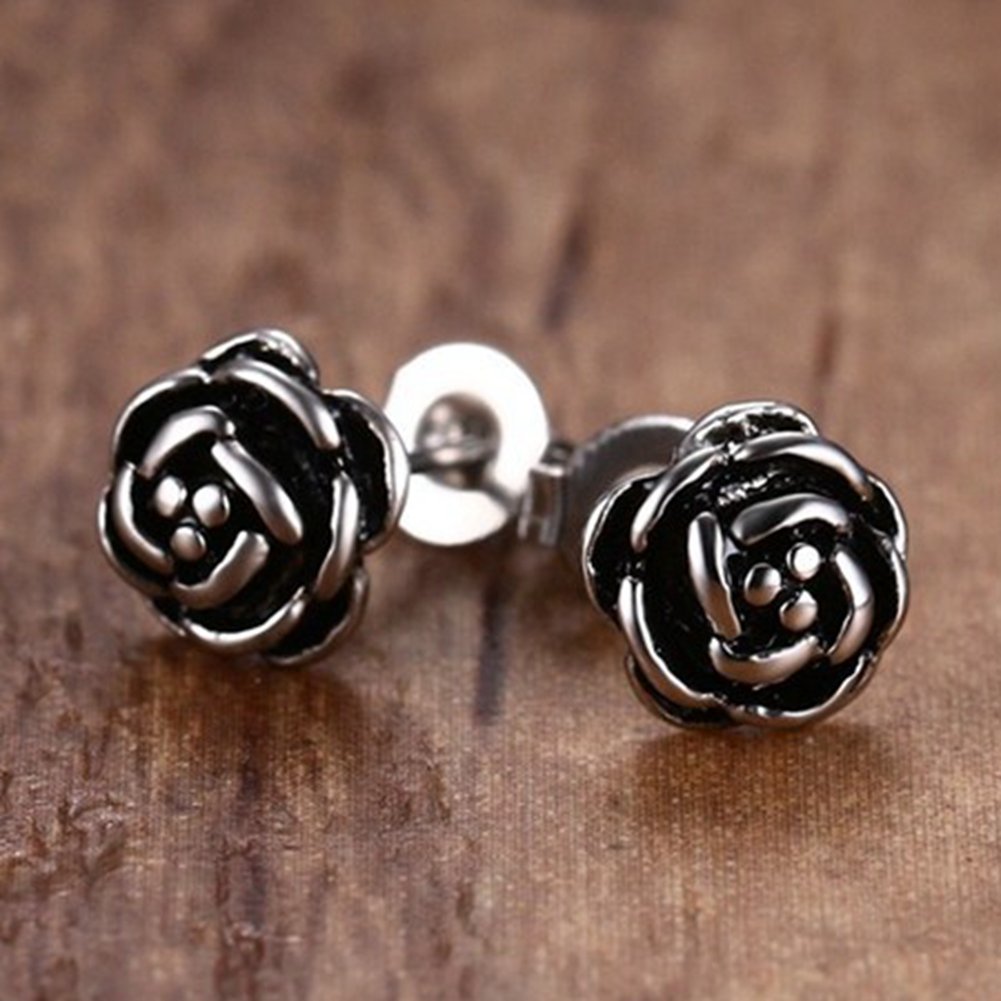 Retro Vintage Stainless Steel Rose Flower Cocktail Party Stud Earrings (Silver Black)