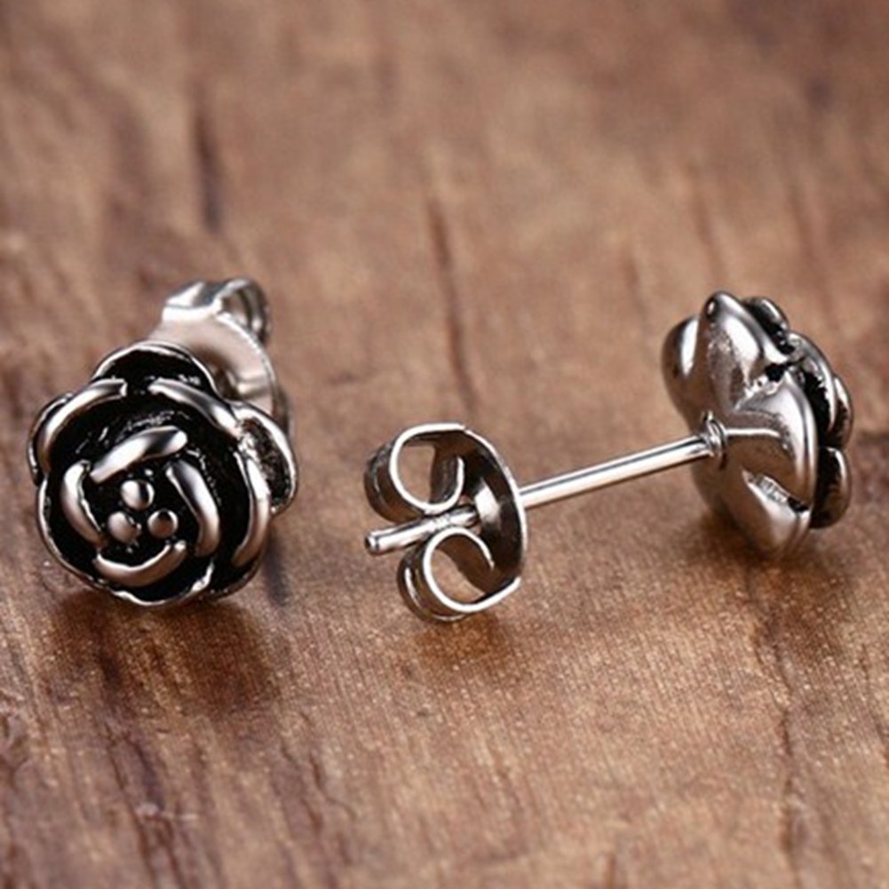 Retro Vintage Stainless Steel Rose Flower Cocktail Party Stud Earrings (Silver Black)