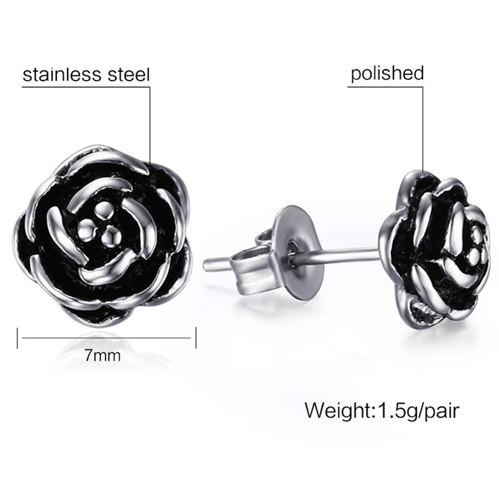 Retro Vintage Stainless Steel Rose Flower Cocktail Party Stud Earrings (Silver Black)