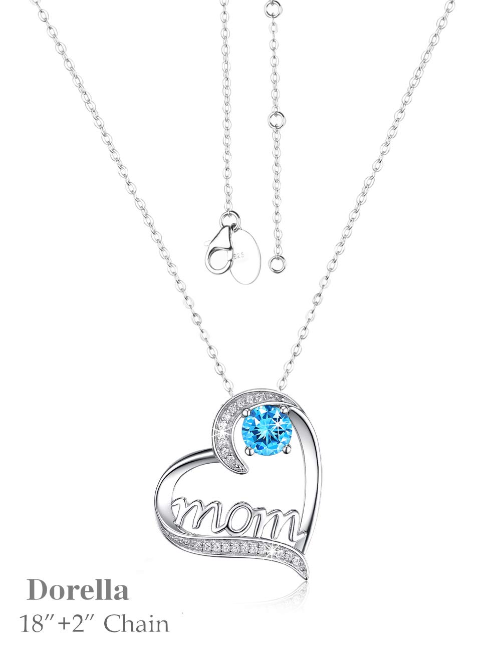 Dorella Sterling Silver Fine Jewelry for Mom Aquamarine Necklace Love Heart Pendant March Birthstone Necklace for Women Birthday Gifts