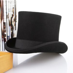 GEMVIE Men 100% Wool Mad Hatter Satin Lined Black Top Hats 6.7" High Topper Hat