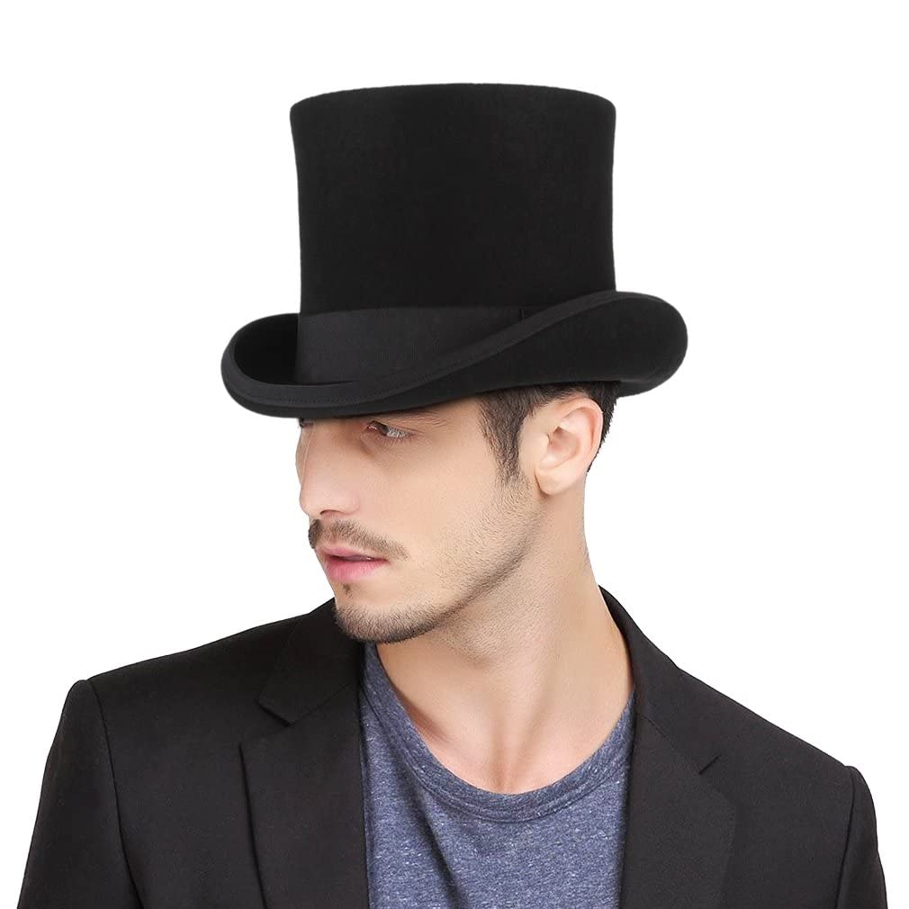 GEMVIE Men 100% Wool Mad Hatter Satin Lined Black Top Hats 6.7" High Topper Hat