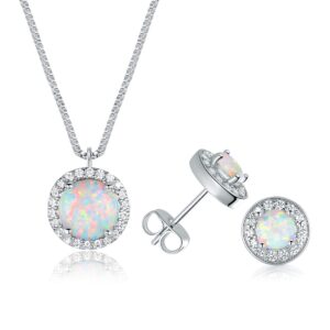 dwearbeauty white gold opal jewelry with cubic zirconia,opal necklace and earring set for women and girl(necklace and stud earring)