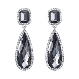 brilove wedding bridal dangle earrings for women crystal asscher cut elongated faceted teardrop infinity earrings grey black silver-tone