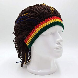 Kirmoo Knit Rasta Beanie Hats for Men Funny Winter Hats for Adults Jamaican Hat with Dreadlocks Fake Dreads Wig (Brown Beanie)